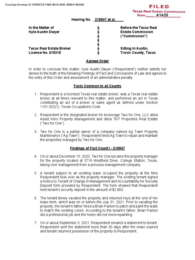 Texas Real Estate Commission Agreed Order 216547 | PDF