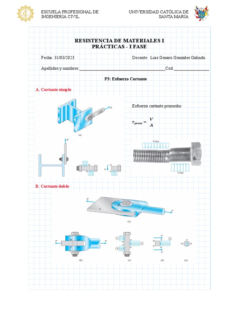 Resistencia de Materiales I Prácticas - I Fase: A. Cortante Simple ...