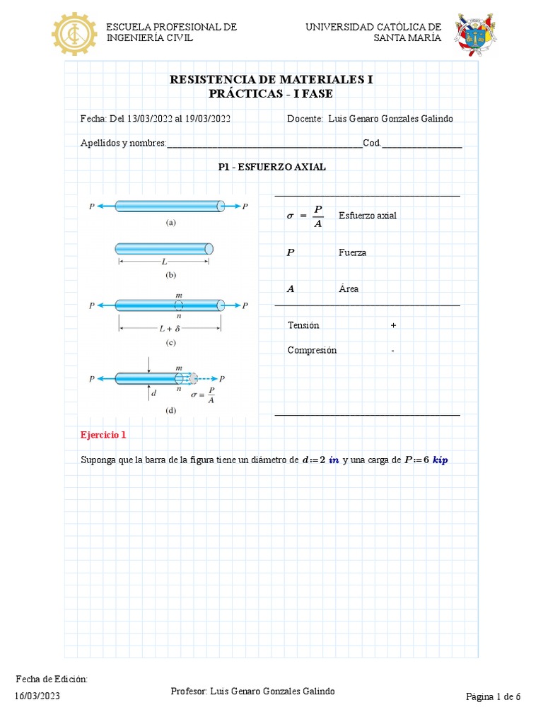 Resistencia de Materiales I Prácticas - I Fase: Ejercicio 1 | PDF
