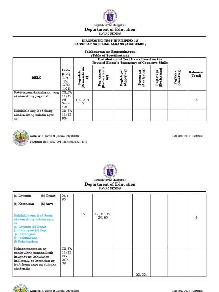 TOS Filipino-Grade12 | PDF