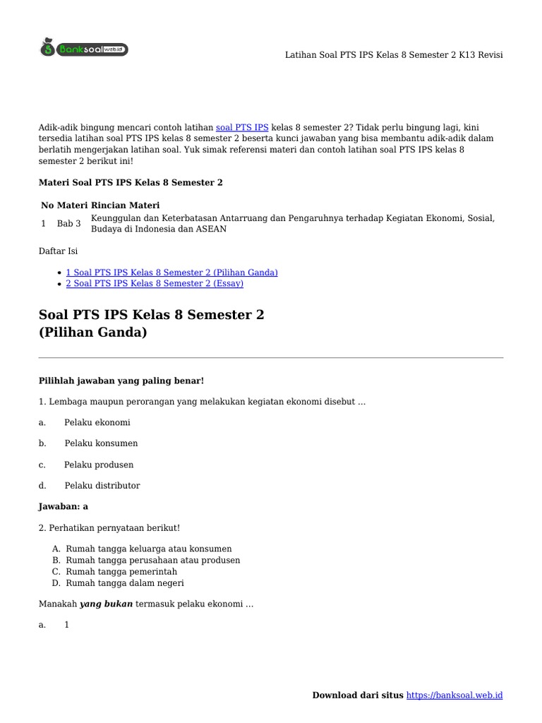 Soal PTS IPS Kelas 8 Semester 2 (Pilihan Ganda) | PDF