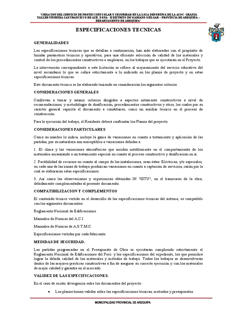 Especificaciones Tecnicas | PDF | Hormigón | Cemento