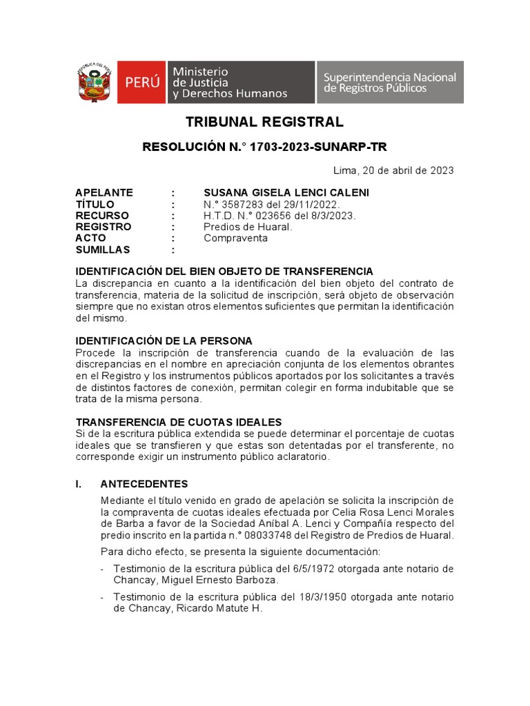 Tribunal Registral: RESOLUCIÓN N.° 1703-2023-SUNARP-TR | PDF ...