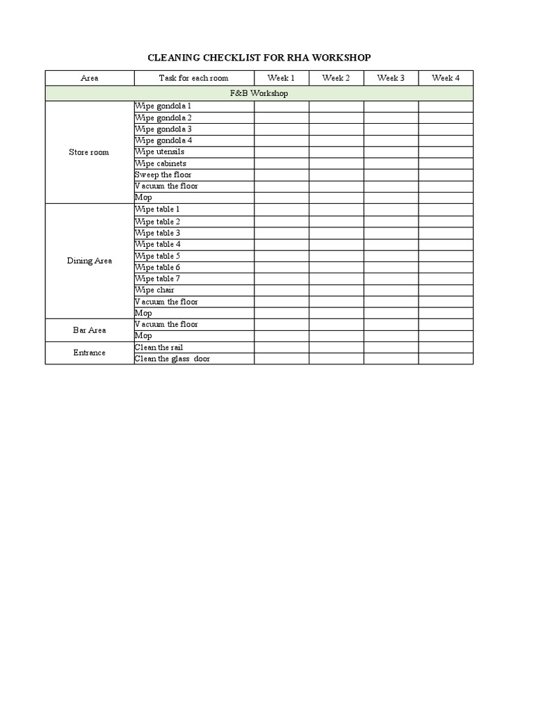 Cleaning Checklist - RHA Apr 2023 | PDF | Sink | Kitchen Utensil