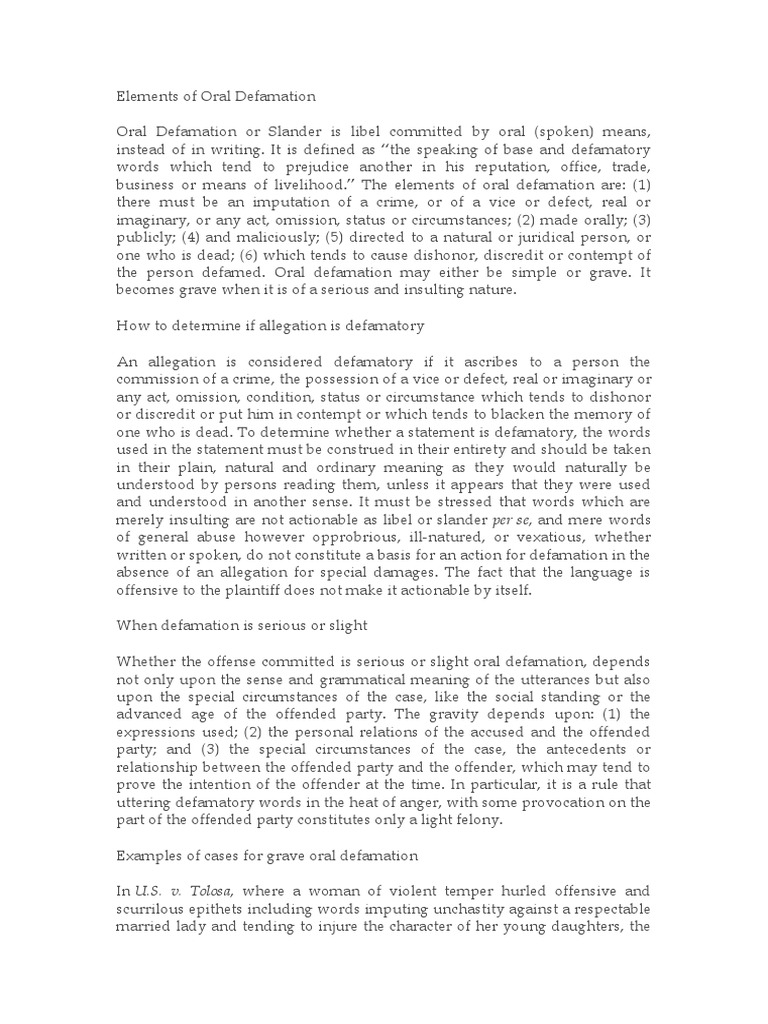 Elements of Oral Defamation | Download Free PDF | Defamation | Justice Elements of Oral Defamation | Download Free PDF | Defamation | Justice