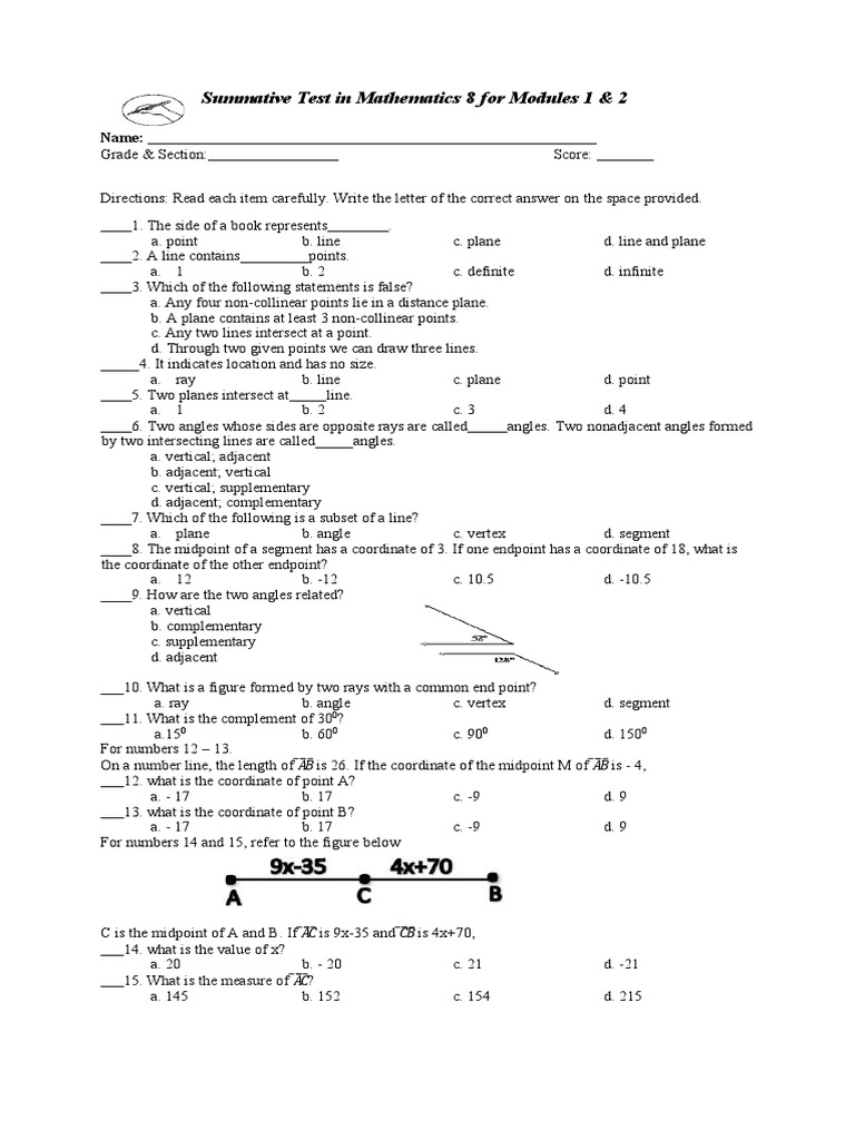 Math8 - Summative Test - Modules1-2 | PDF | Line (Geometry) | Angle