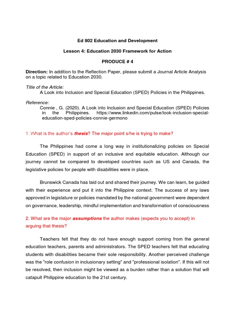 Education 2030 Article Analysis | PDF | Inclusion (Education) | Special ...