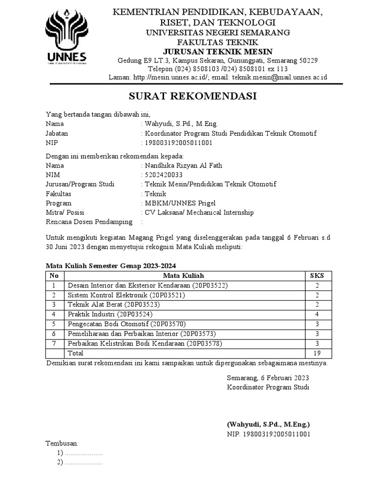 Format 2. MSIB3 UNNES - Template Surat Rekomendasi Prodi | PDF Format 2. MSIB3 UNNES - Template Surat Rekomendasi Prodi | PDF