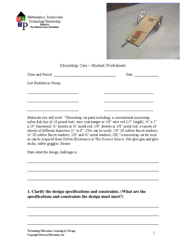 Mousetrap Cars - Student Worksheets: Mathematics, Science and ...