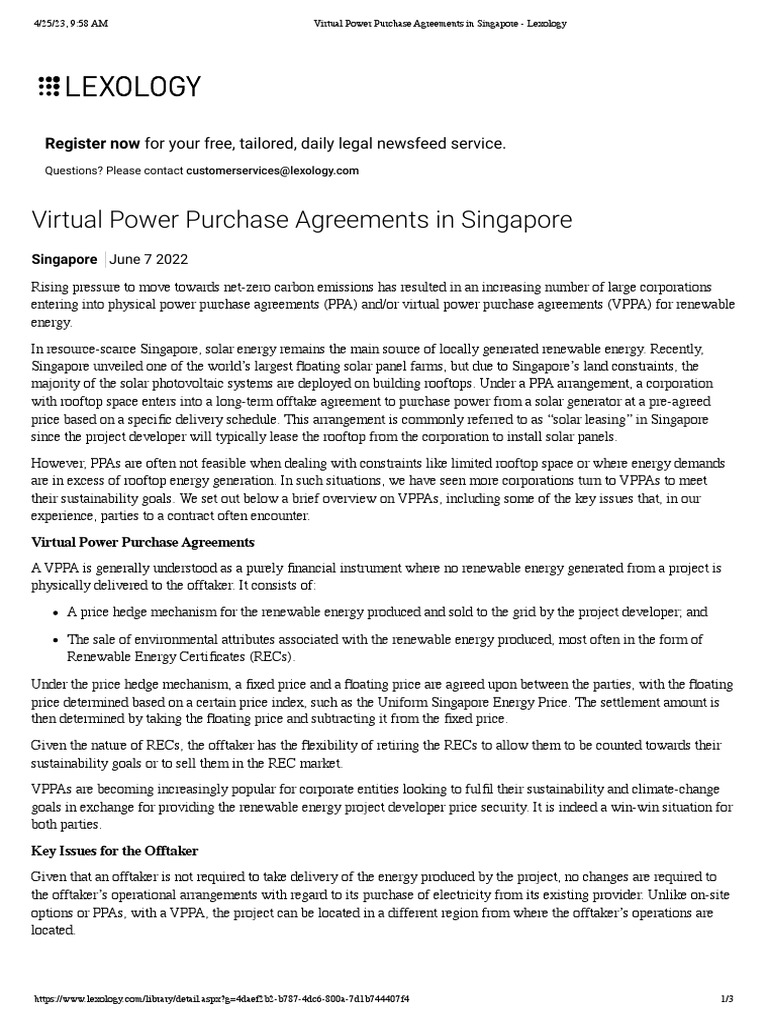 Virtual Power Purchase Agreements in Singapore - Lexology | PDF | Solar ...