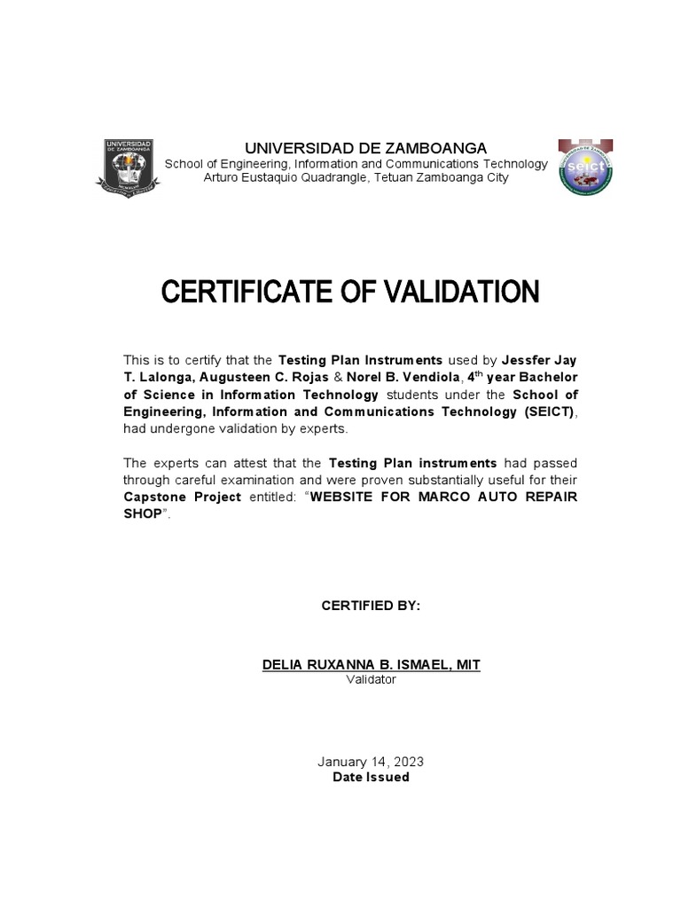 Certificate of Validation: Universidad de Zamboanga | PDF | Observation ...