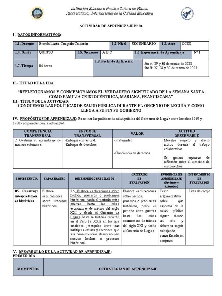 Actividad de Aprendizaje #04 - Fin Del Oncenio de Leguia | PDF ...