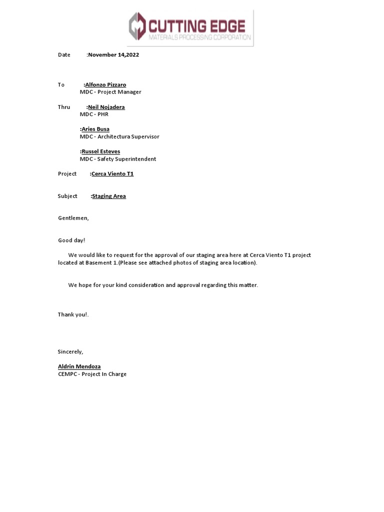 Letter of Request For Staging Area | PDF