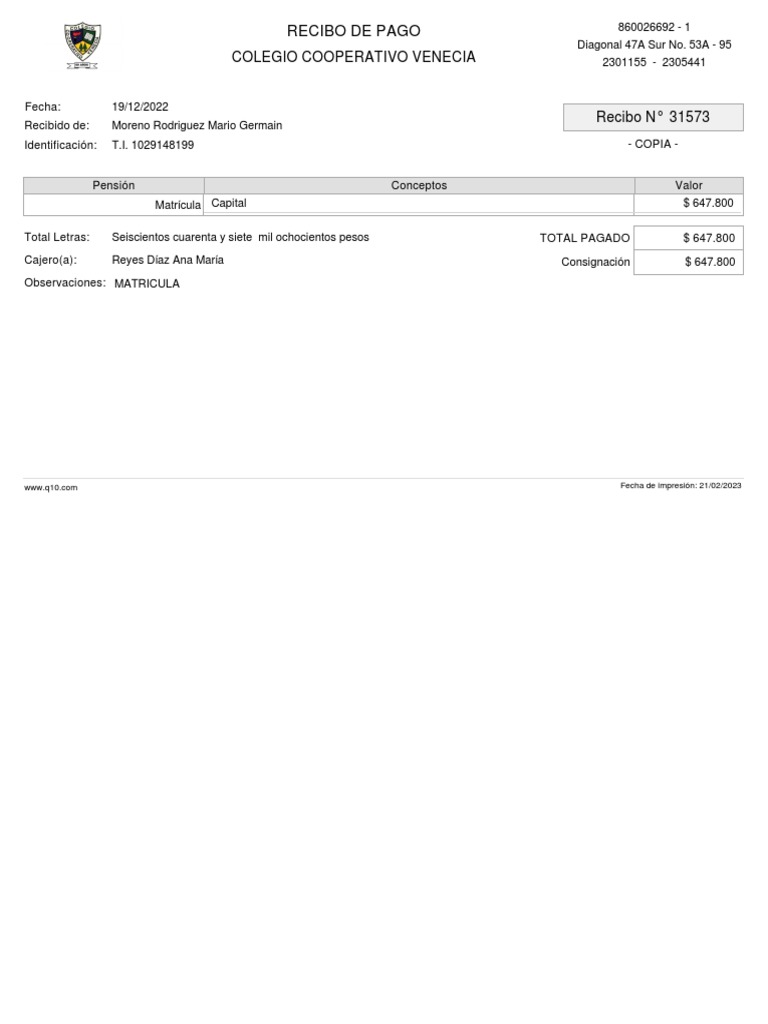 Recibo Pago Matricula Colegio Cooperativo | PDF