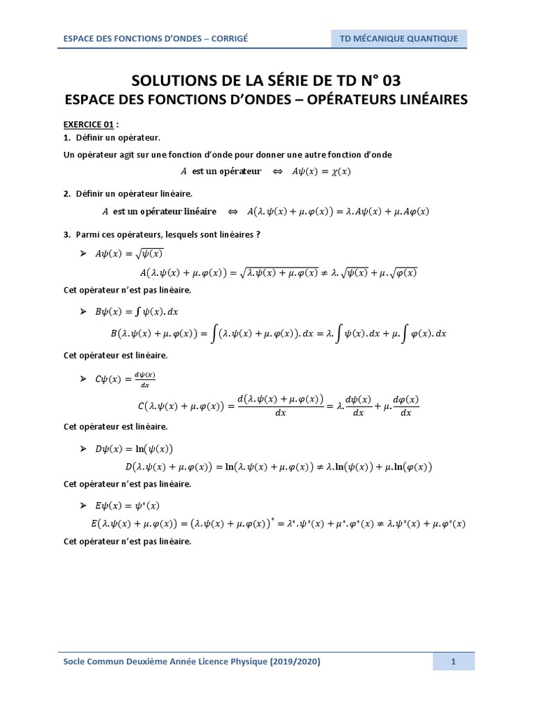 Corrigé TD #03 Mécanique Quantique | PDF | Valeur propre, vecteur ...