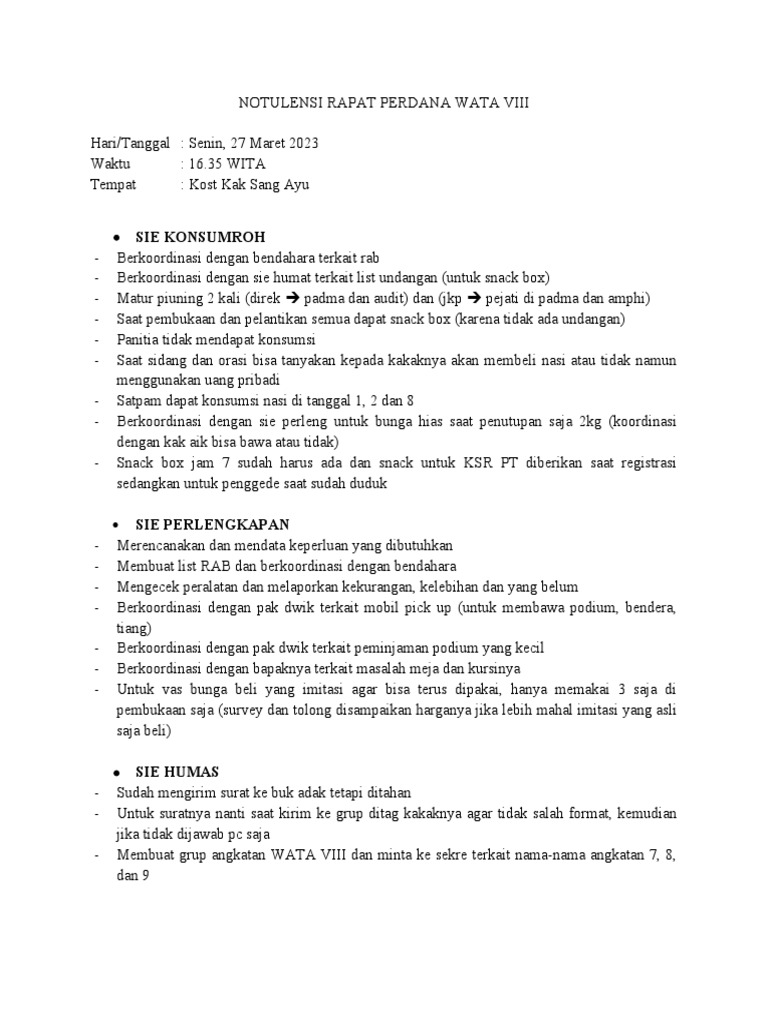 Notulensi Rapat Wata Viii | PDF