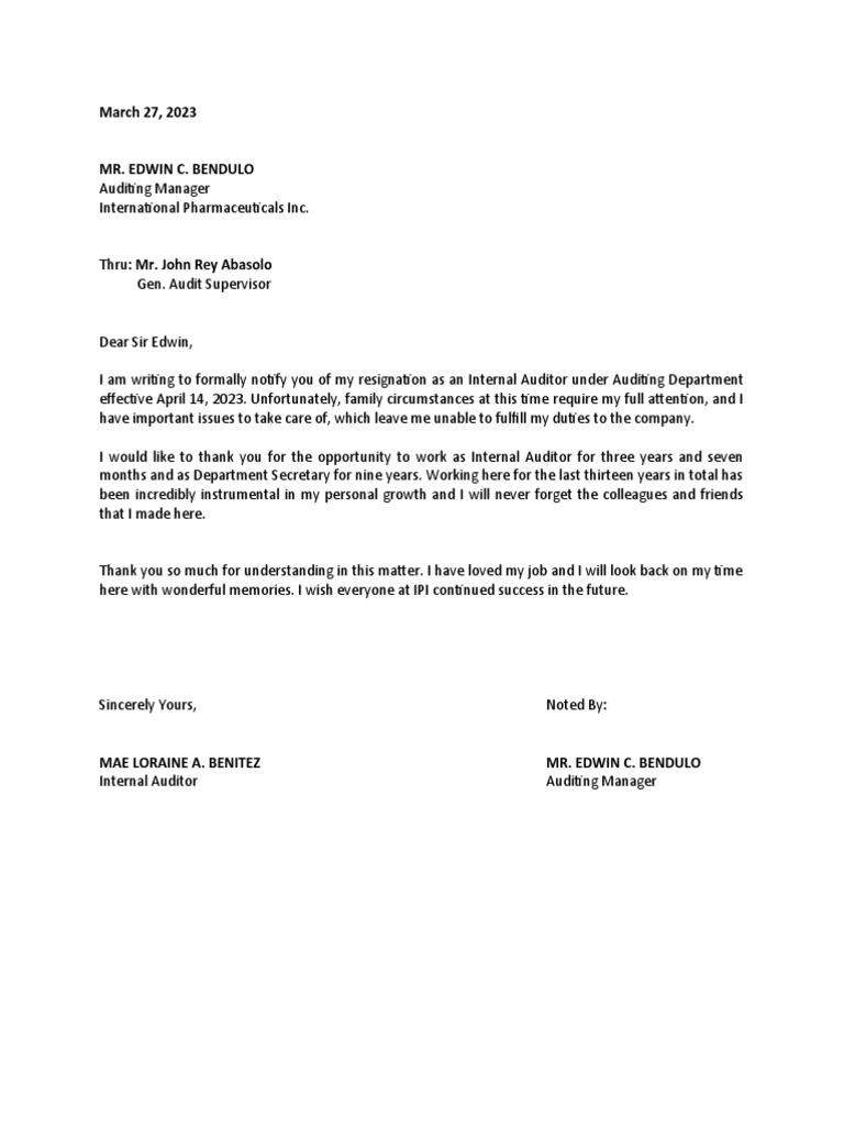 Internal Auditor Resignation Letter | PDF | Career & Growth | Business