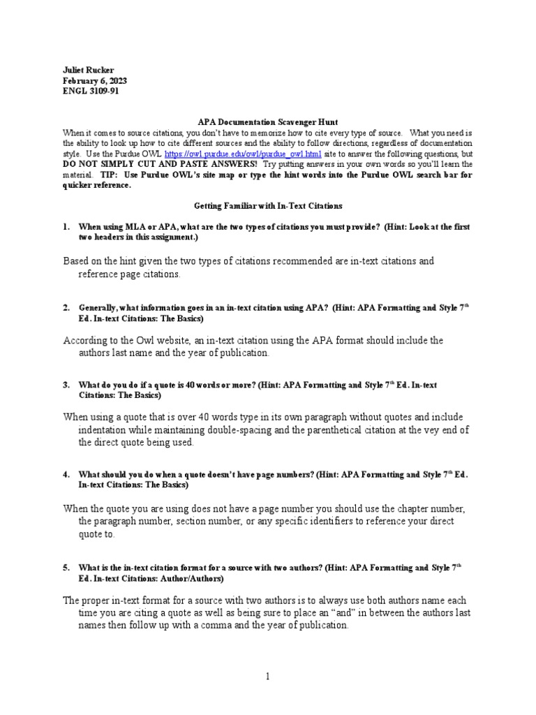APA Scavenger Hunt Purdue OWL | PDF | Citation | Apa Style
