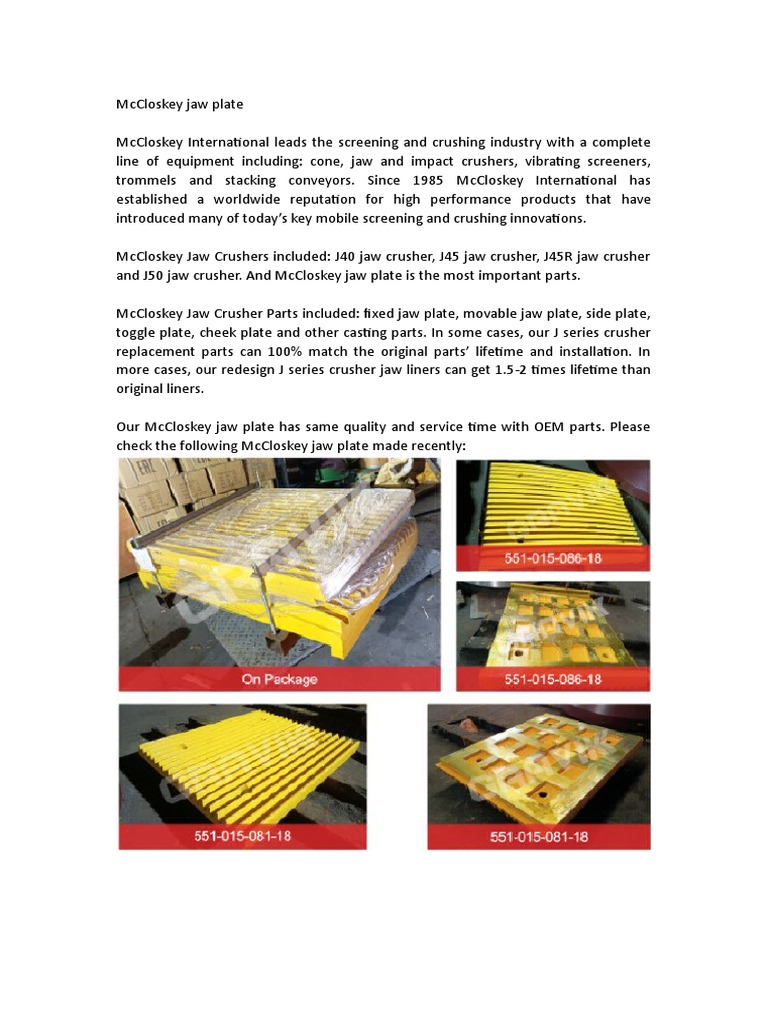 McCloskey Jaw Plate for Crushers - Long Lasting Replacement Parts | PDF