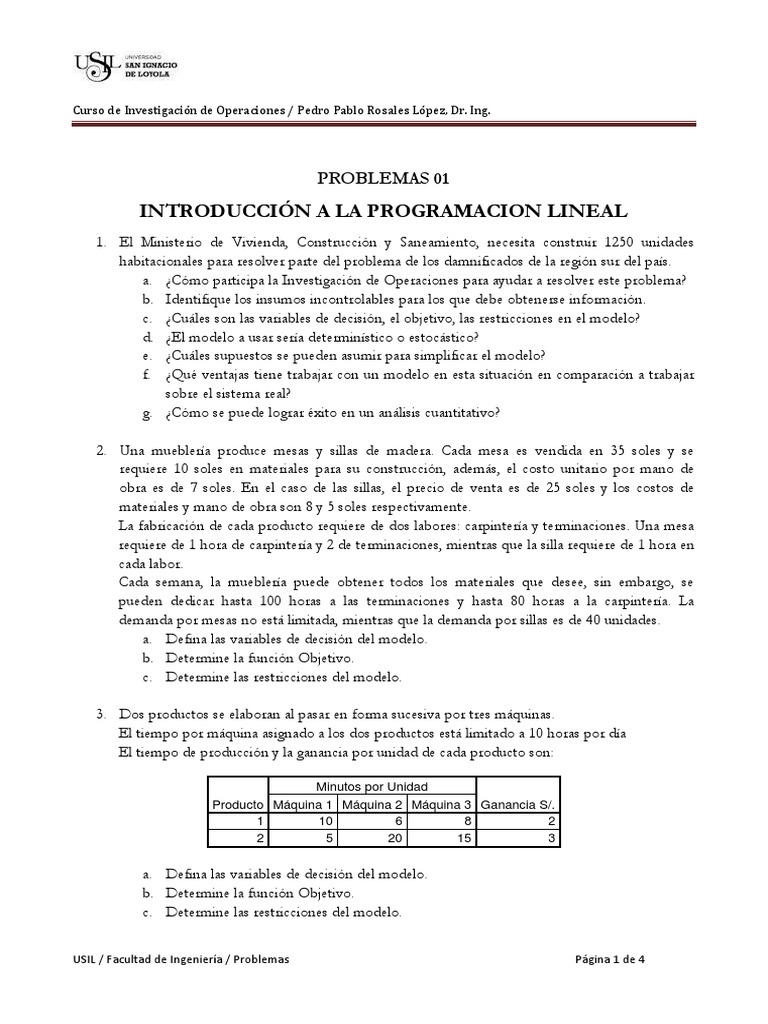 Introducción A La Programacion Lineal: Problemas 01 | PDF ...