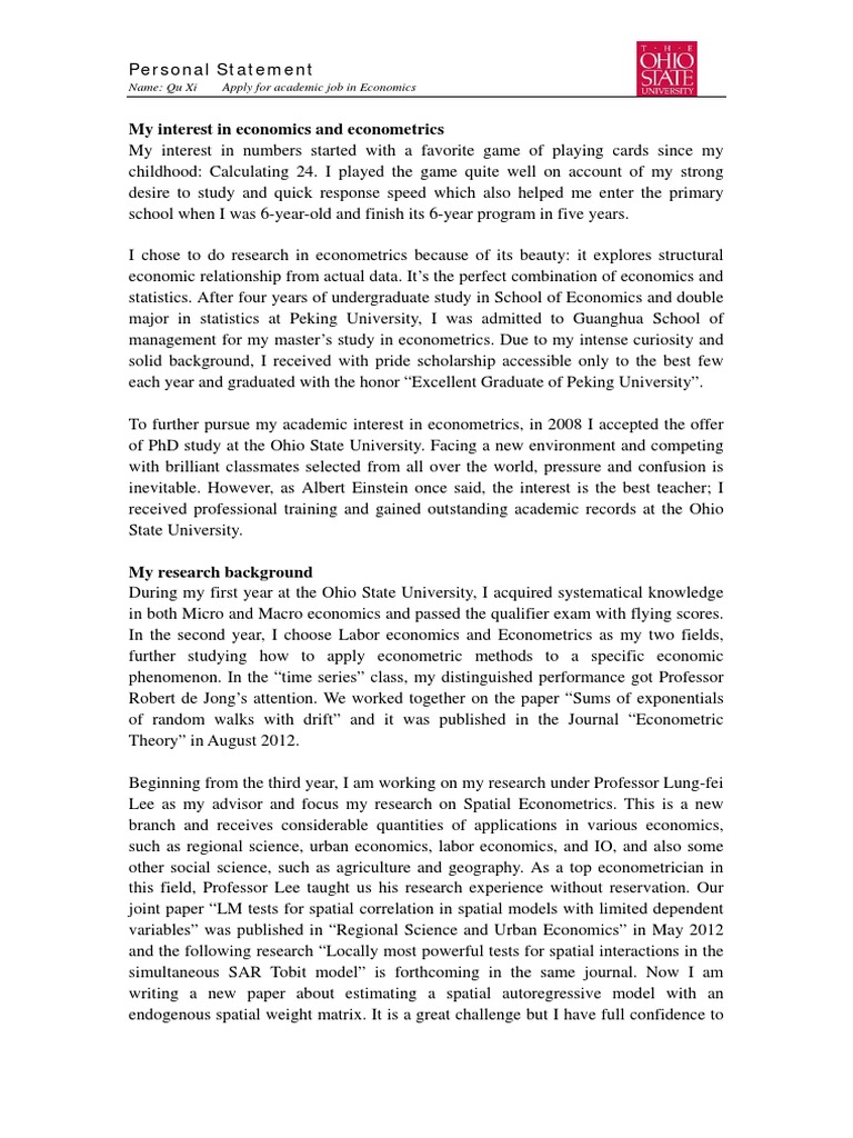 Qu - Personal Statement | PDF | Econometrics | Economics