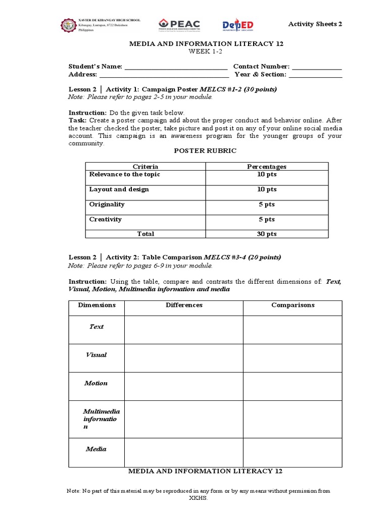 Media Literacy Activity Sheets 12 | PDF | Multimedia | Defamation