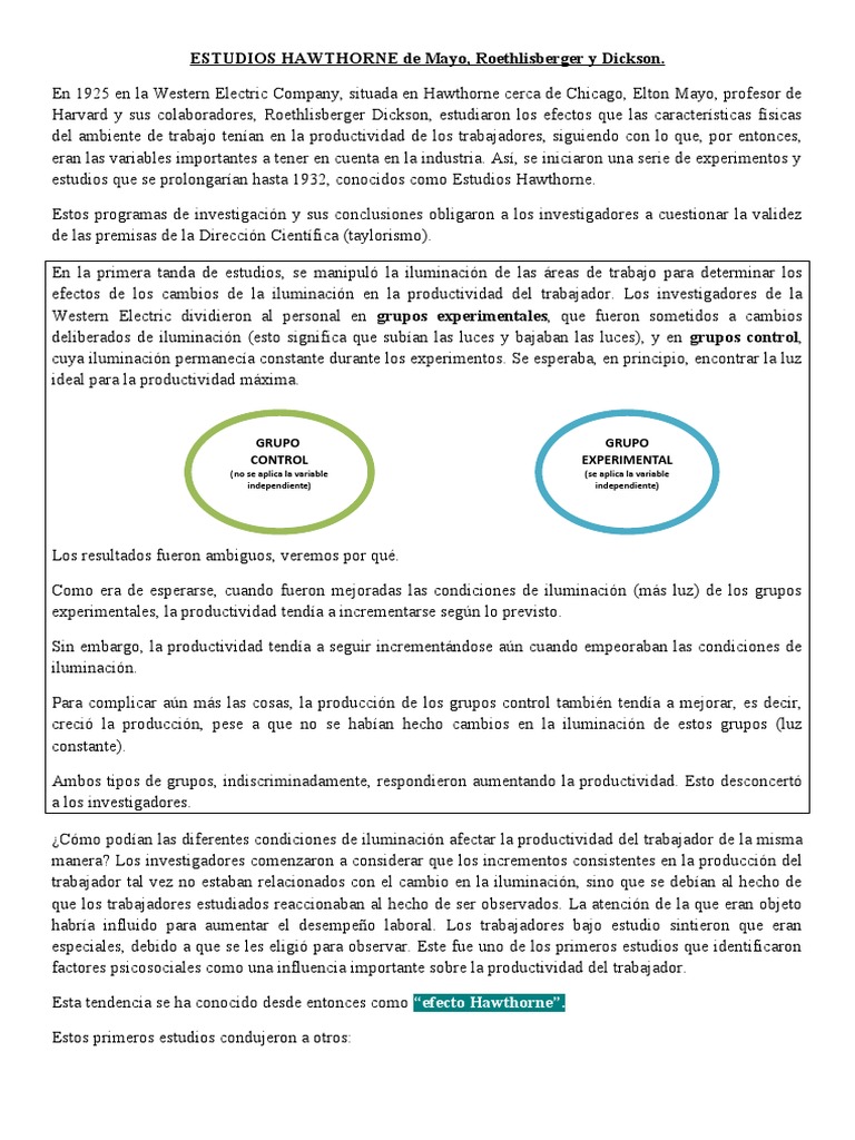 Estudios Hawthorne 2020 | PDF | Experimentar