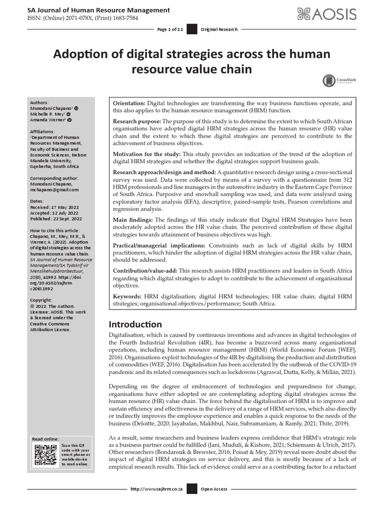 Adoption of Digital Strategies Across The Human Resource Value Chain ...