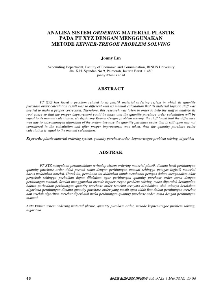 Analisa Sistem Ordering Material Plastik Pada PT Xyz Dengan Menggunakan Metode Kepner-Tregoe ...