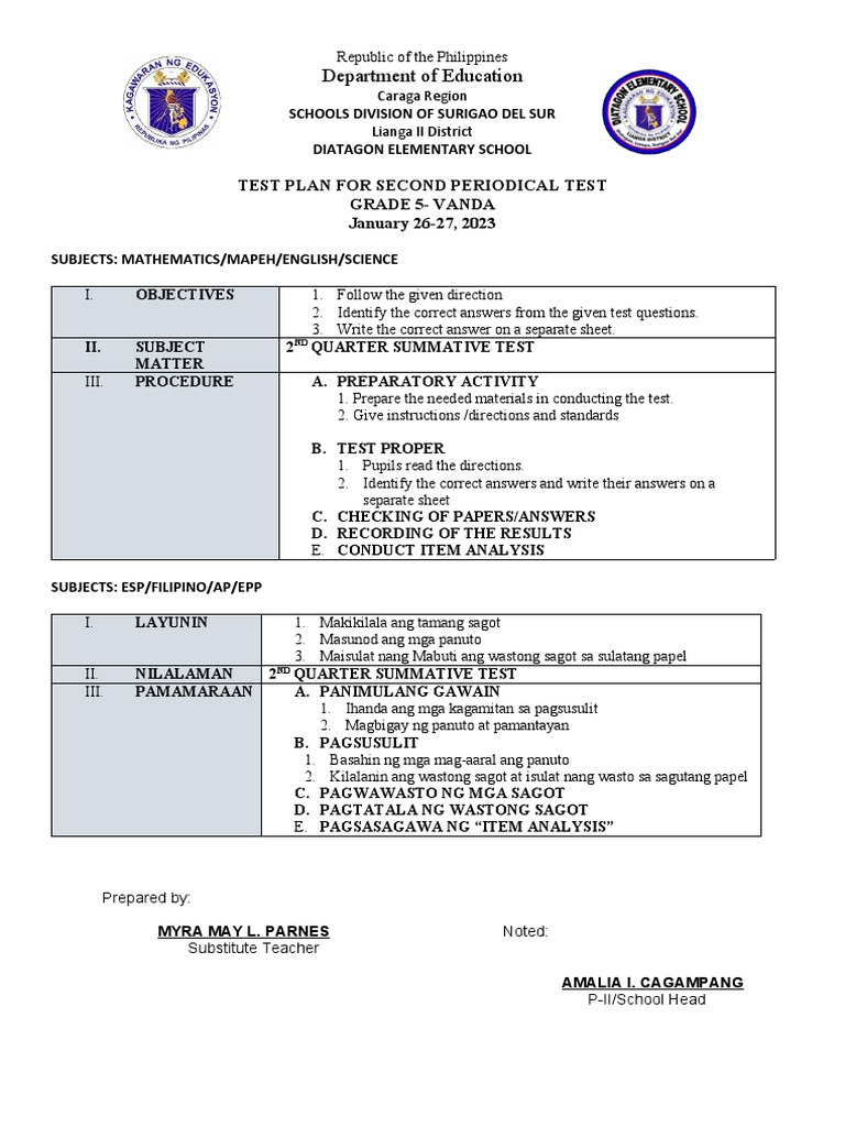 Test Plan for the Second Periodical Examination of Grade 5 Students at ...