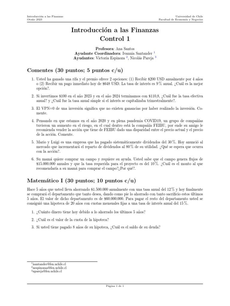 Introducci On A Las Finanzas Control 1: Comentes (30 Puntos 5 Puntos C ...