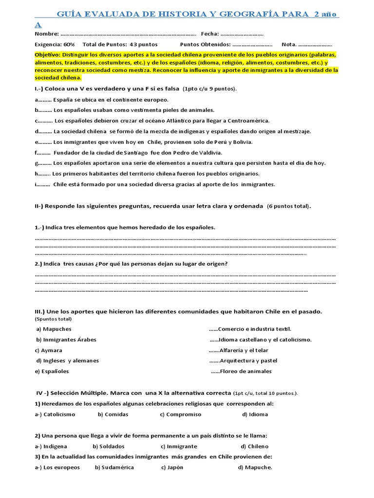 GUIA EVALUADA-Legado-Inmigrante-2-basico | PDF | Chile | España