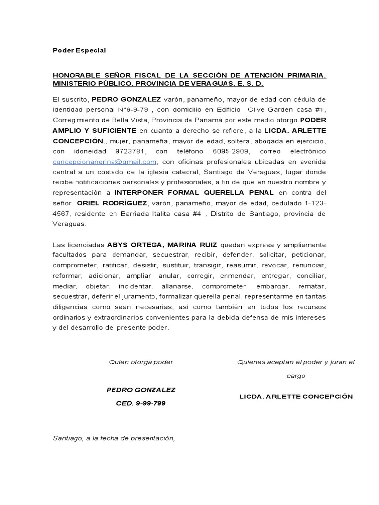 Poder especial para interponer querella penal | PDF