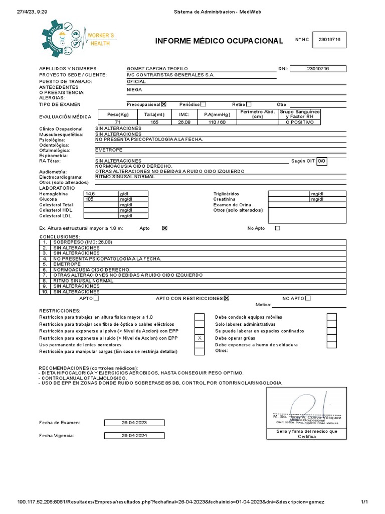 Informe Médico Ocupacional | PDF | Especialidades Medicas | Medicina CLINICA