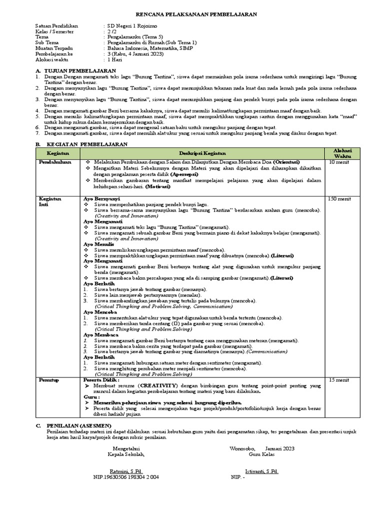 RPP Kelas 2 Tema 6 Subtema 1 Pembelajaran 3 | PDF