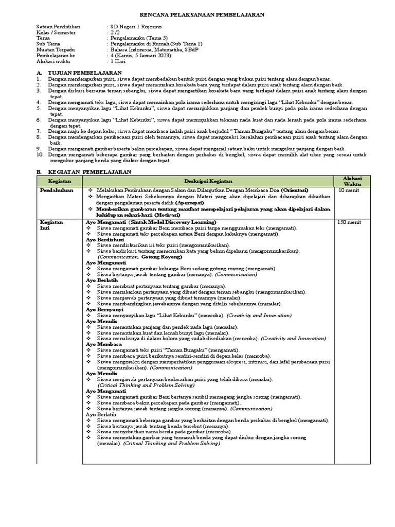 RPP Kelas 2 Tema 6 Subtema 1 Pembelajaran 4 | PDF