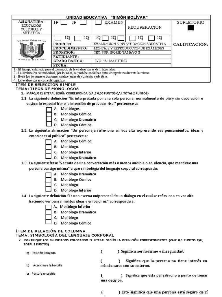 Examen de Recuperación de ECA 8vo A | PDF | Monólogo | Literatura oral