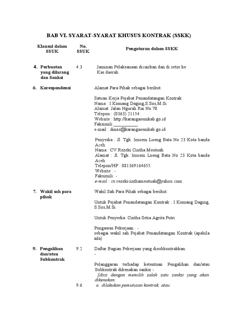 Bab Vi. Syarat-Syarat Khusus Kontrak (SSKK) : Klausul Dalam Ssuk No ...