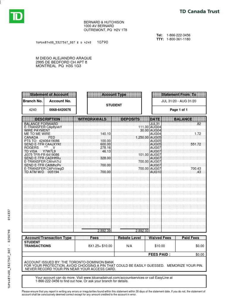 TD STUDENT CHEQUING ACCOUNT 4240-6420076 Jul 31-Aug 31 2020 | PDF ...