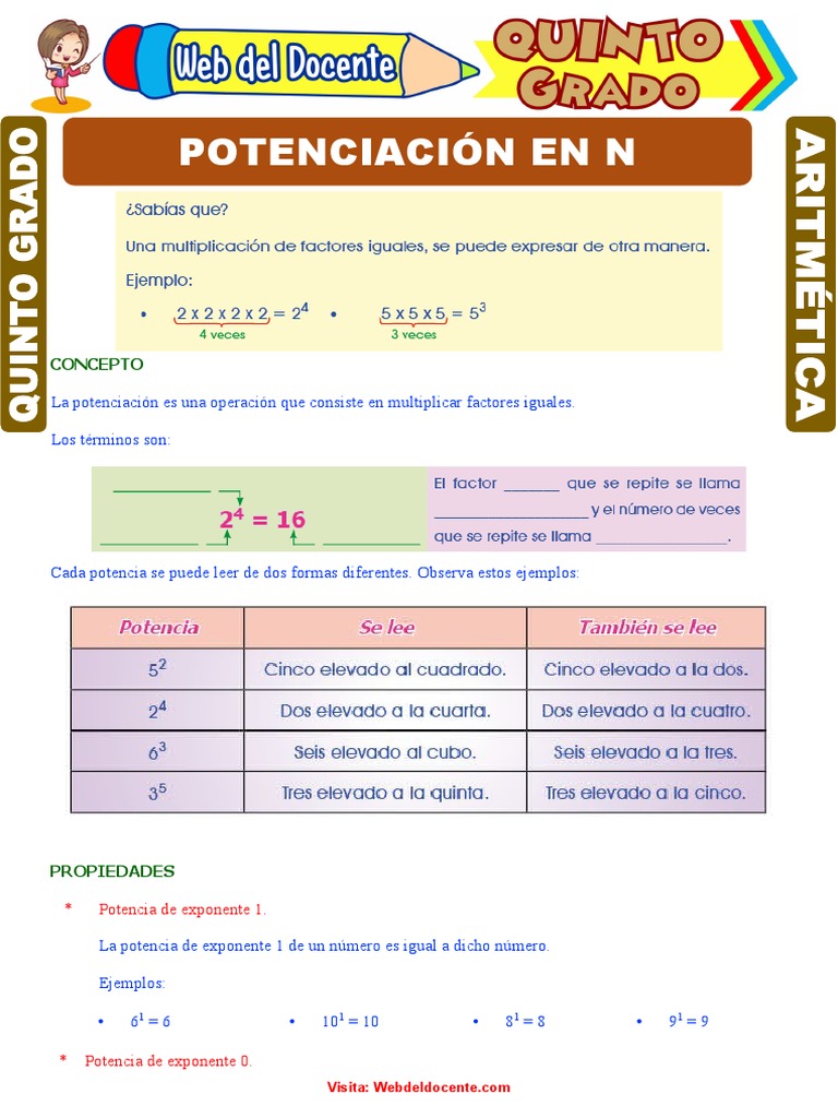 Potenciación en Los Números Naturales para Resolver Quinto Grado de Primaria | PDF ...
