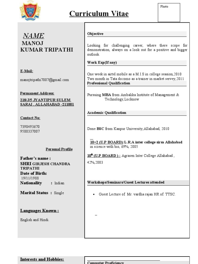 Manoj Kumar Tripathi CV Overview | PDF