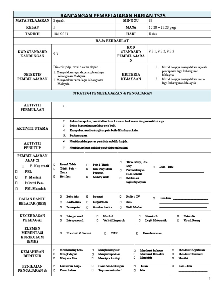 RPH Sejarah T5 | PDF