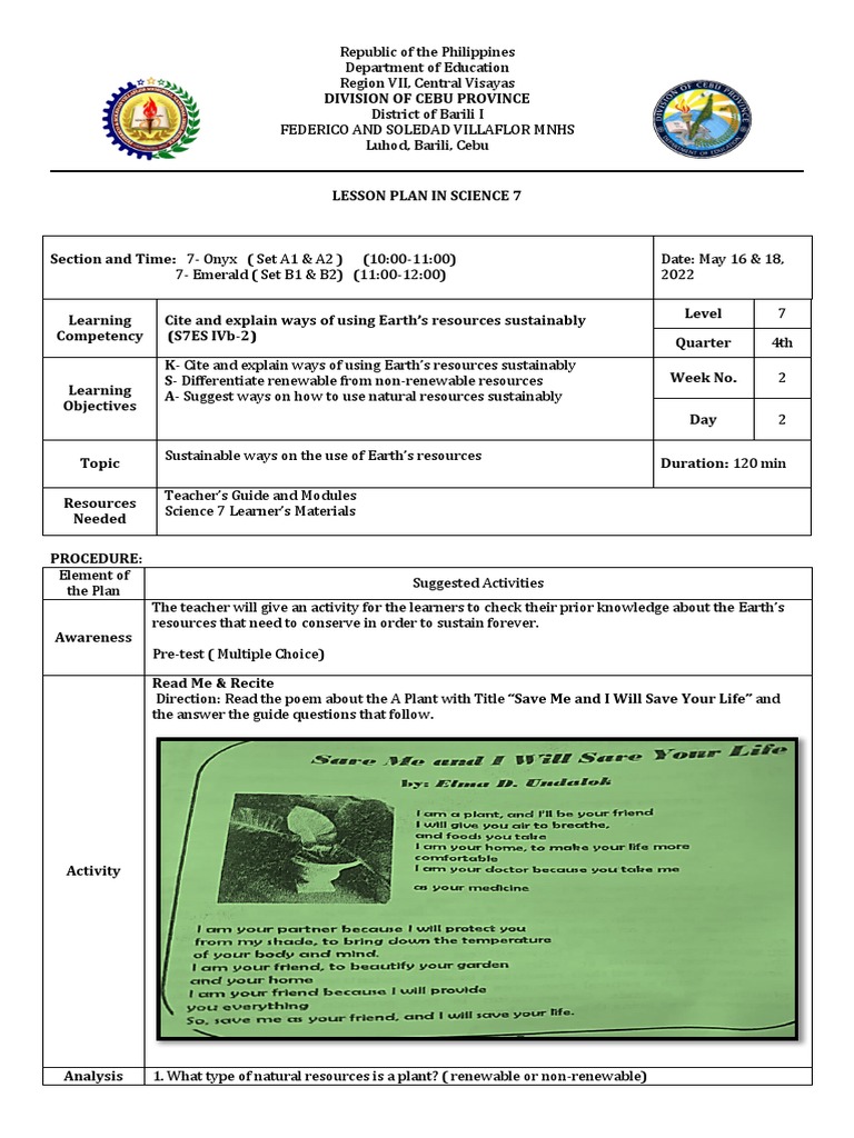 Sustainable Resource Use Lesson Plan | PDF | Water | Atmosphere Of Earth