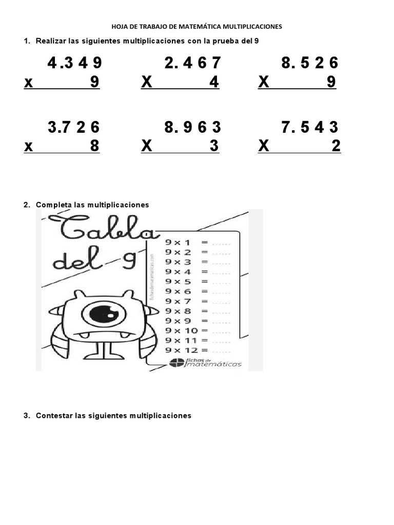 Hoja de Trabajo de Matemática Multiplicaciones | PDF