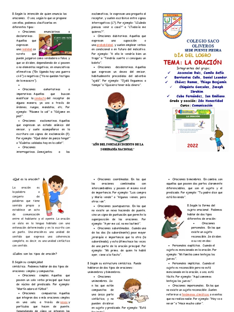 Triptico - La Oración (1) | PDF | Oración (Lingüística) | Asunto ...