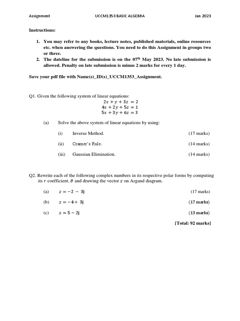 Basic Algebra Assignment Guide | PDF