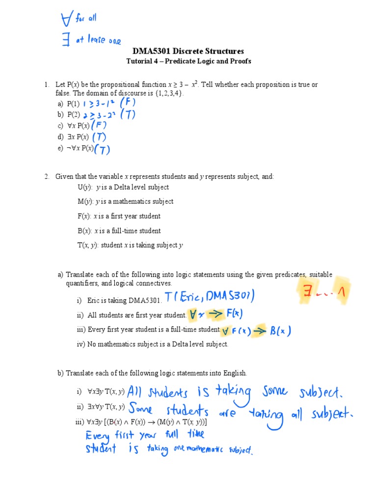 DMA5301 Discrete Structures: Tutorial 4 - Predicate Logic and Proofs | PDF