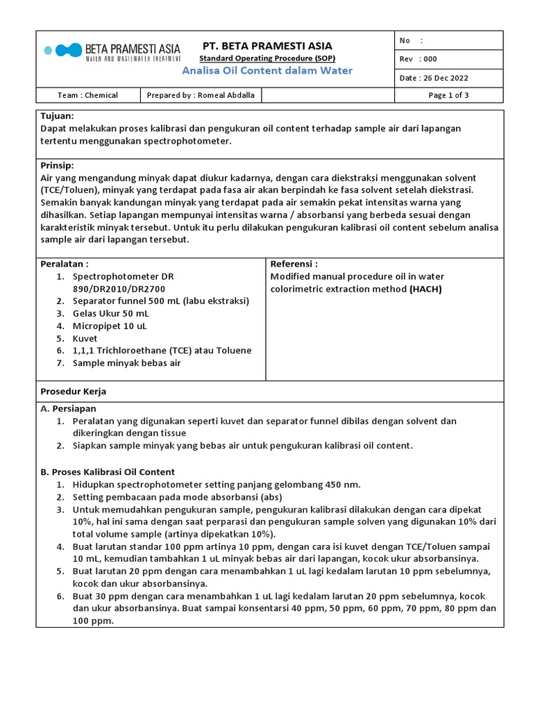 Analisa Oil Content Dalam Water: Pt. Beta Pramesti Asia | PDF