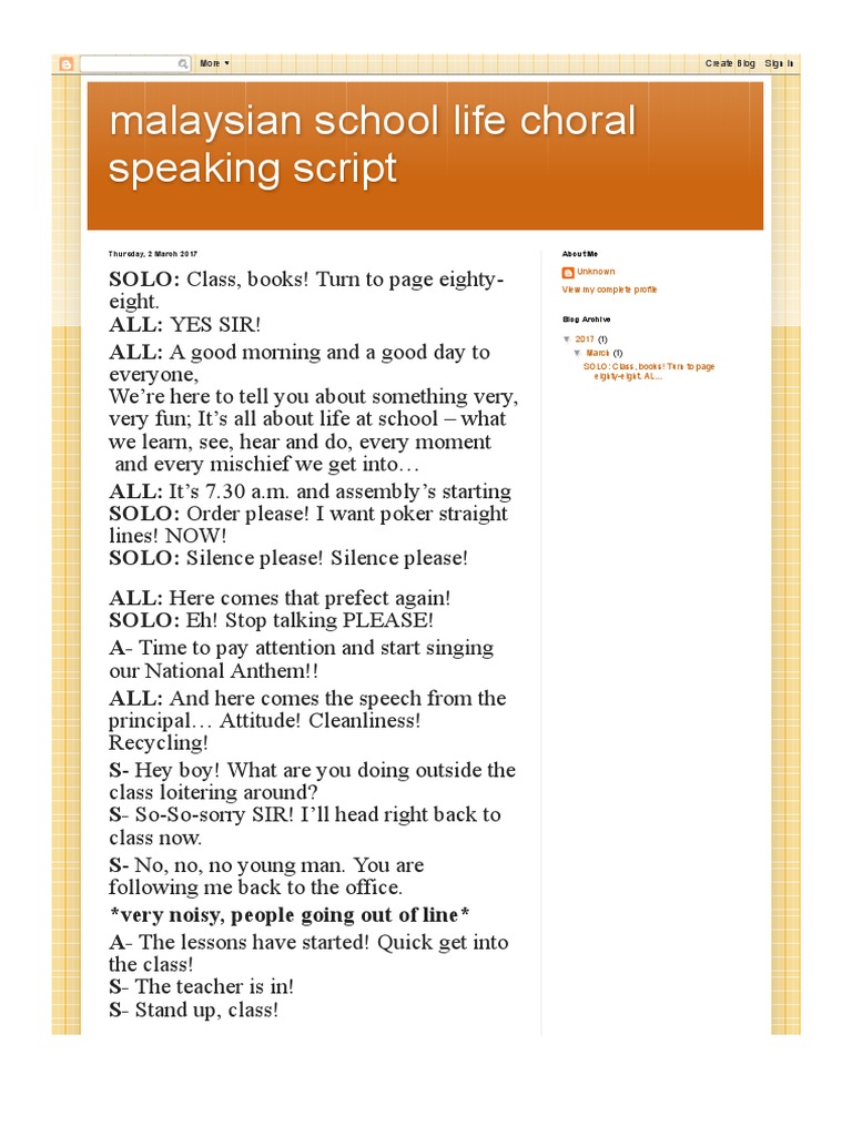 Malaysian School Life Choral Speaking Script | PDF