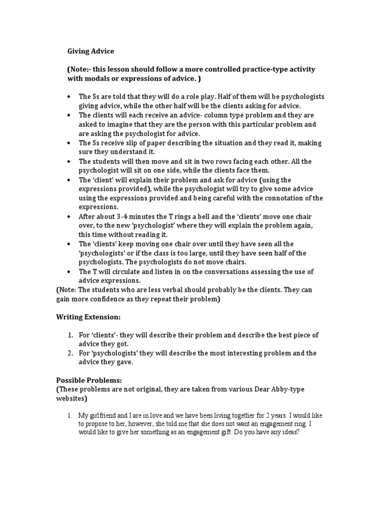 Giving Advice - Practice Giving Advice Lesson Plan | PDF | Engagement